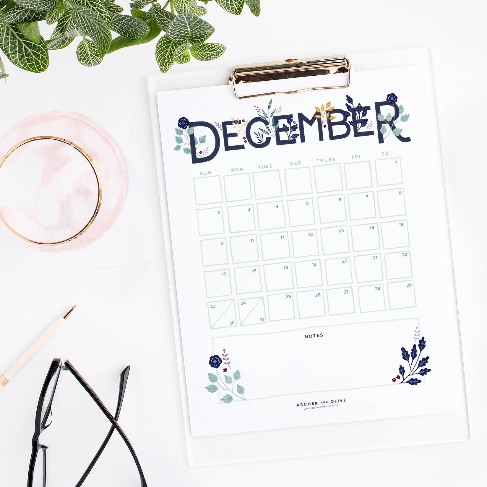 Freebie! December 2018 Printable Calendar | Archer and Olive