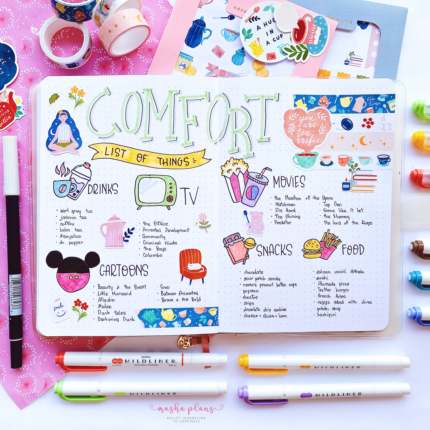 Bullet Journal Comfort List Spread With Cosy Doodle Tutorials – Archer ...